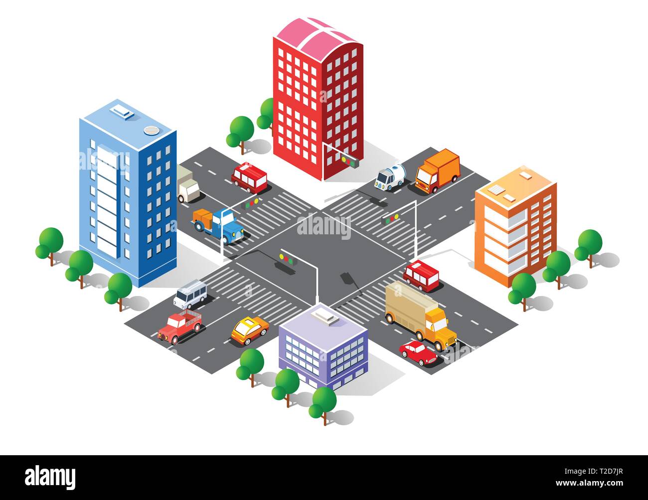 City isometric 3D intersection traffic jam of streets with roads, cars ...