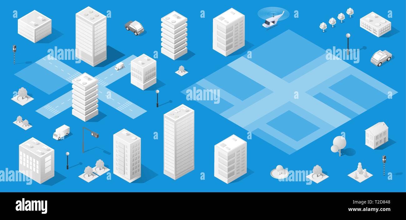 The isometric city with skyscraper from urban building vector architecture. Modern white ...