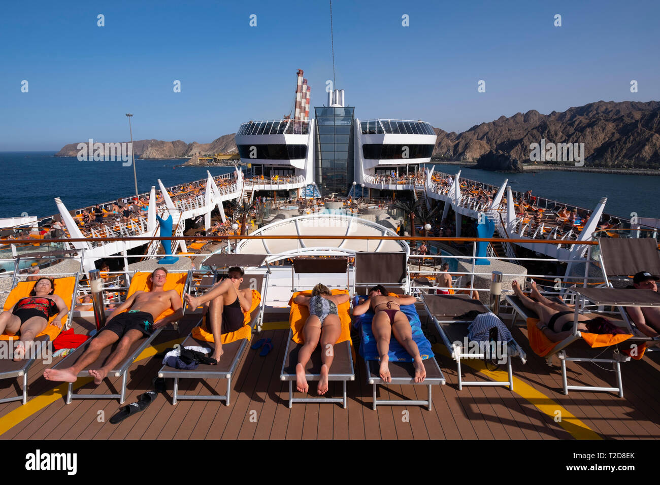 People sunbathing on the deck of the cruise ship MSC Splendida Stock ...