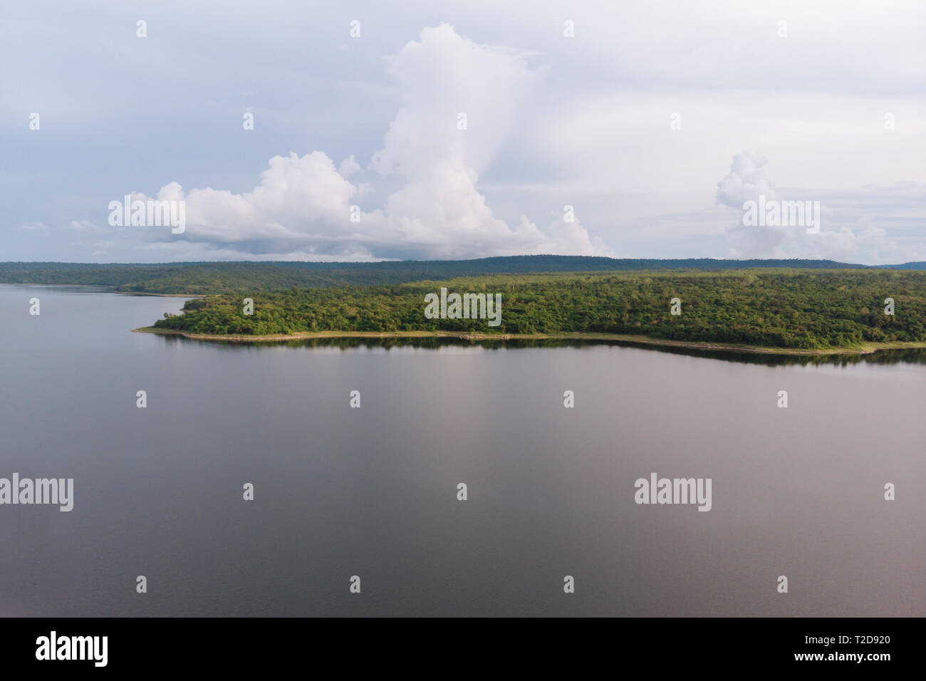 Drone shot Aerial view landscape scenic of big river reservoir with ...