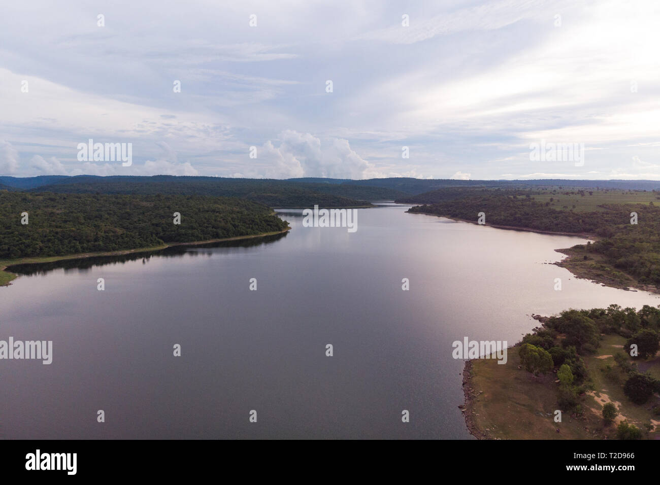 Drone shot Aerial view landscape scenic of big river reservoir with ...