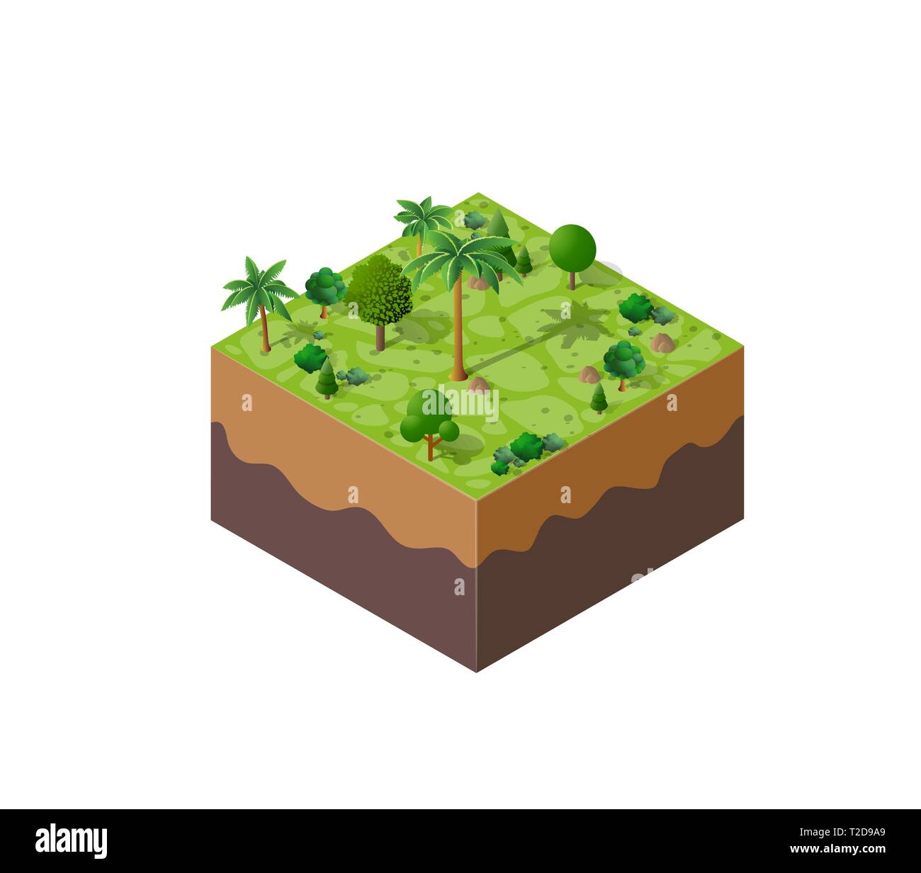Nature forest landscape of isometric illustration with green tree, palm ...