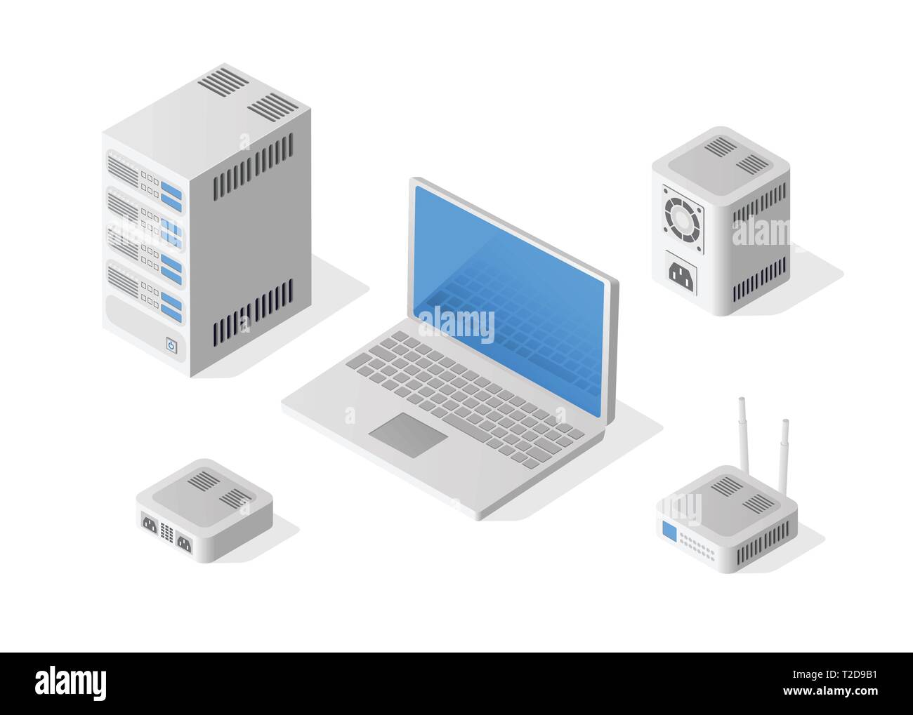Isometric Personal Computer with a screen, server, router and keyboard ...