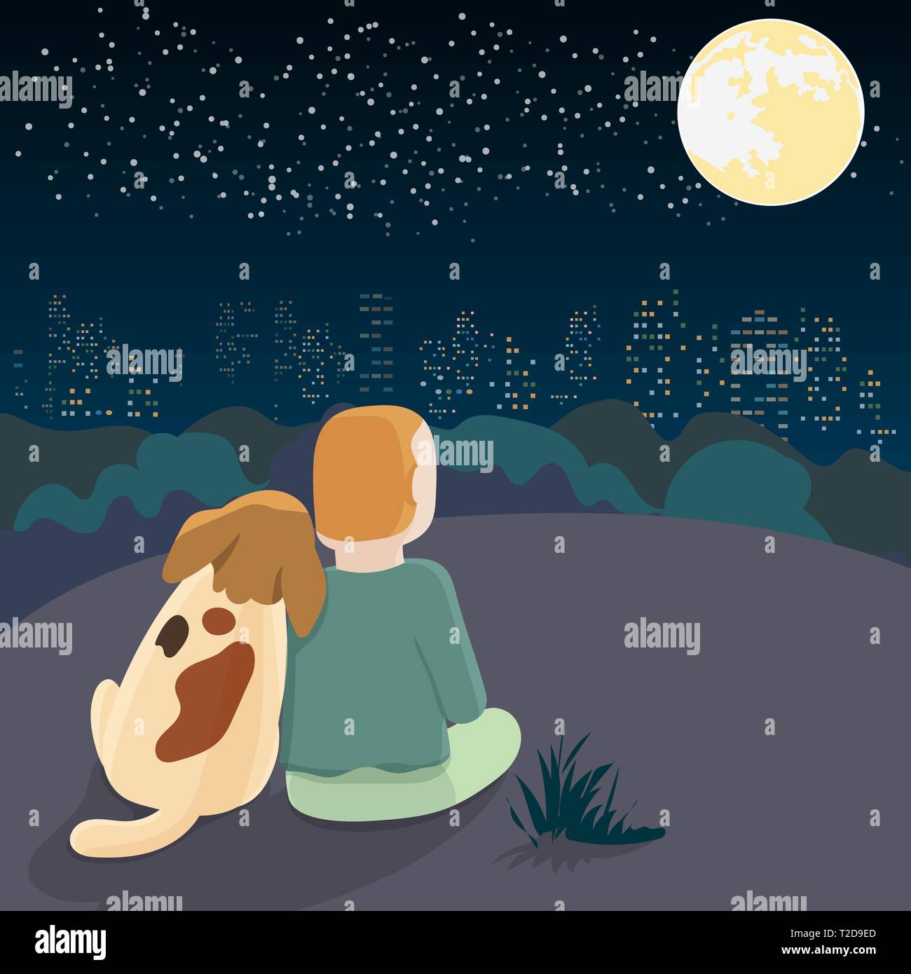 A dog sitting against the owner on the hill overlooking the city at ...