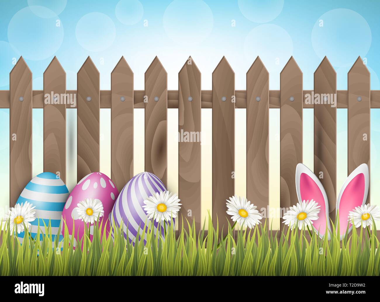 Easter background with realistic 3d colorful eggs, wooden fence ...