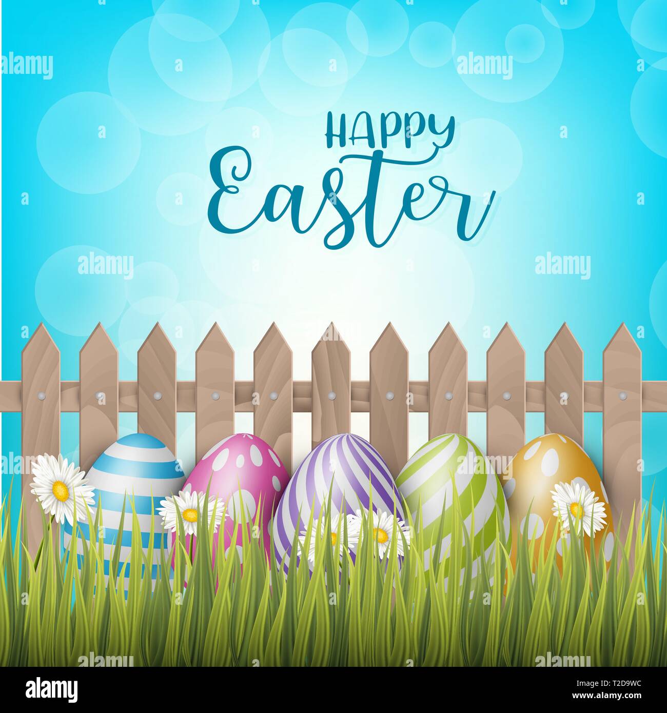Happy Easter background with realistic 3d colorful eggs, wooden fence ...
