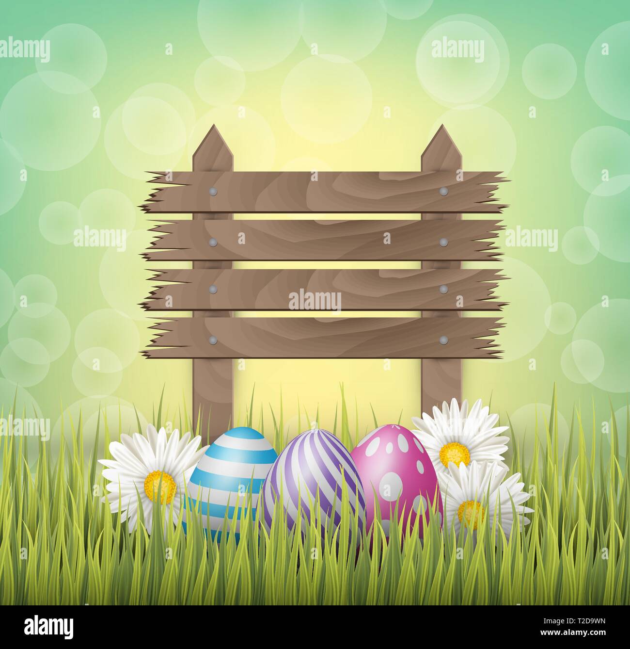 Easter background with realistic 3d colorful eggs, wooden sign, and ...