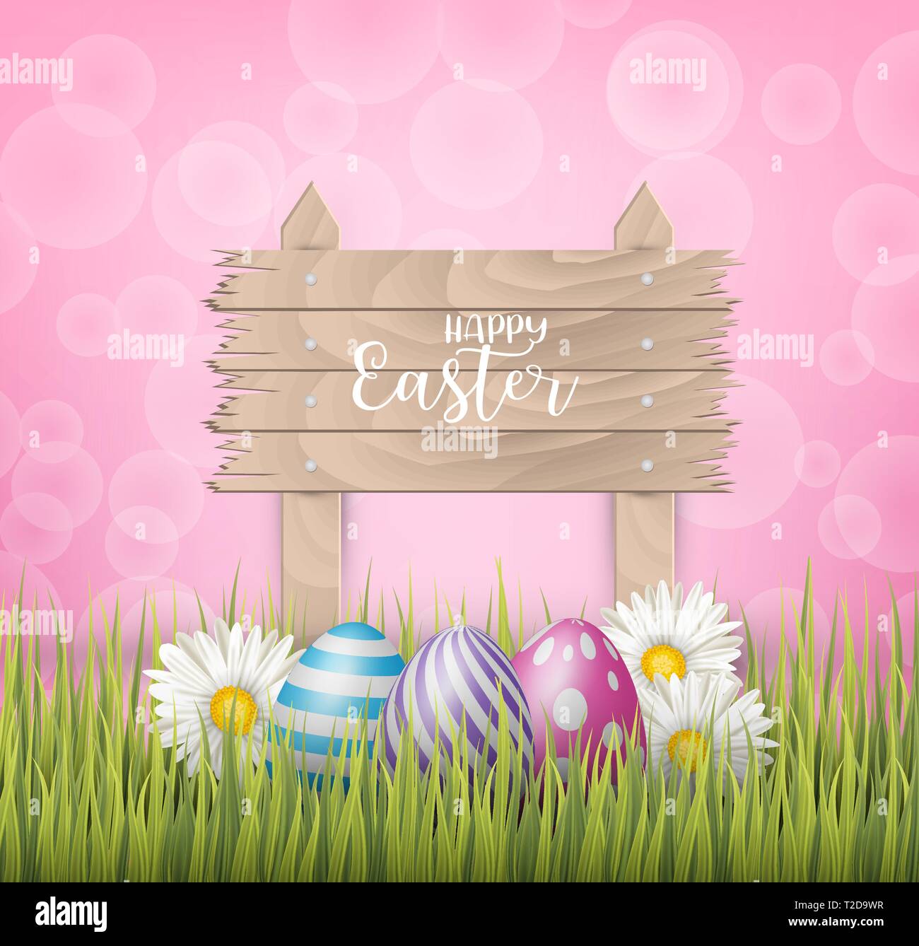 Happy Easter background with realistic 3d colorful eggs, wooden sign ...