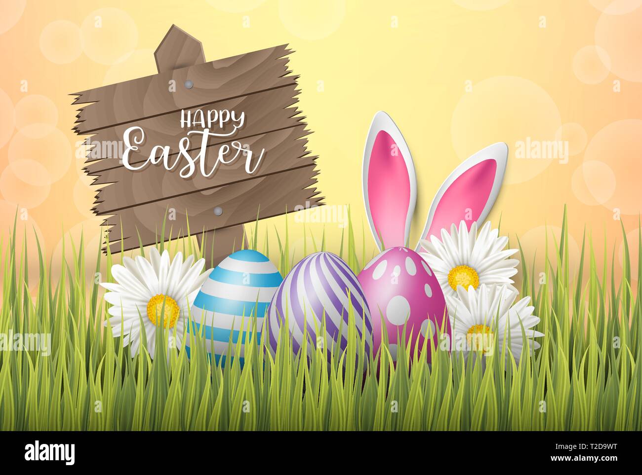 Happy Easter background with realistic 3d colorful eggs, wooden sign ...