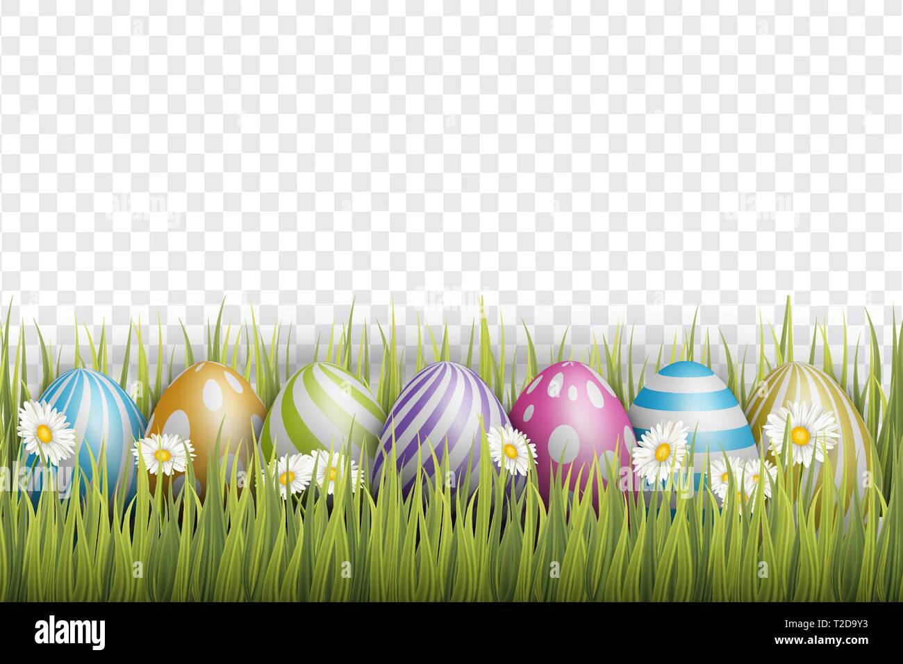 Easter background with realistic 3d colorful eggs, and daisy flowers on ...