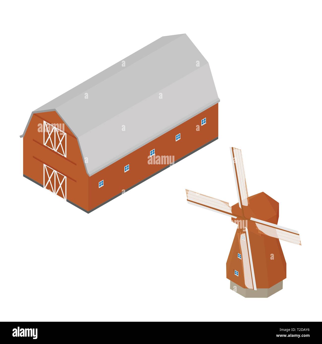 Isometric red barn and windmill. Farm buildings isolated on white ...