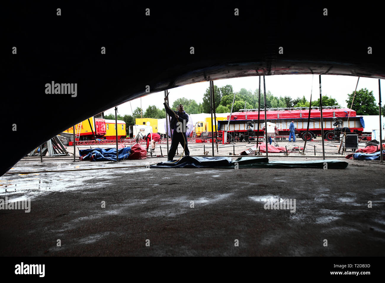LINKÖPING 20150714 Circus Maximum, circus worker preparing for a circus ...