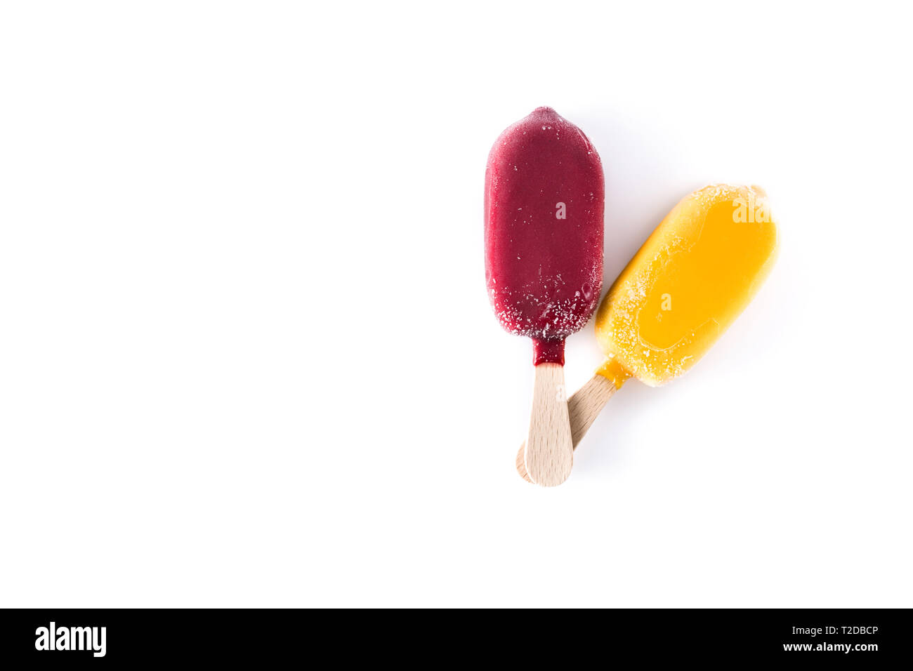 Yellow and red popsicles isolated on white background. Top view ...