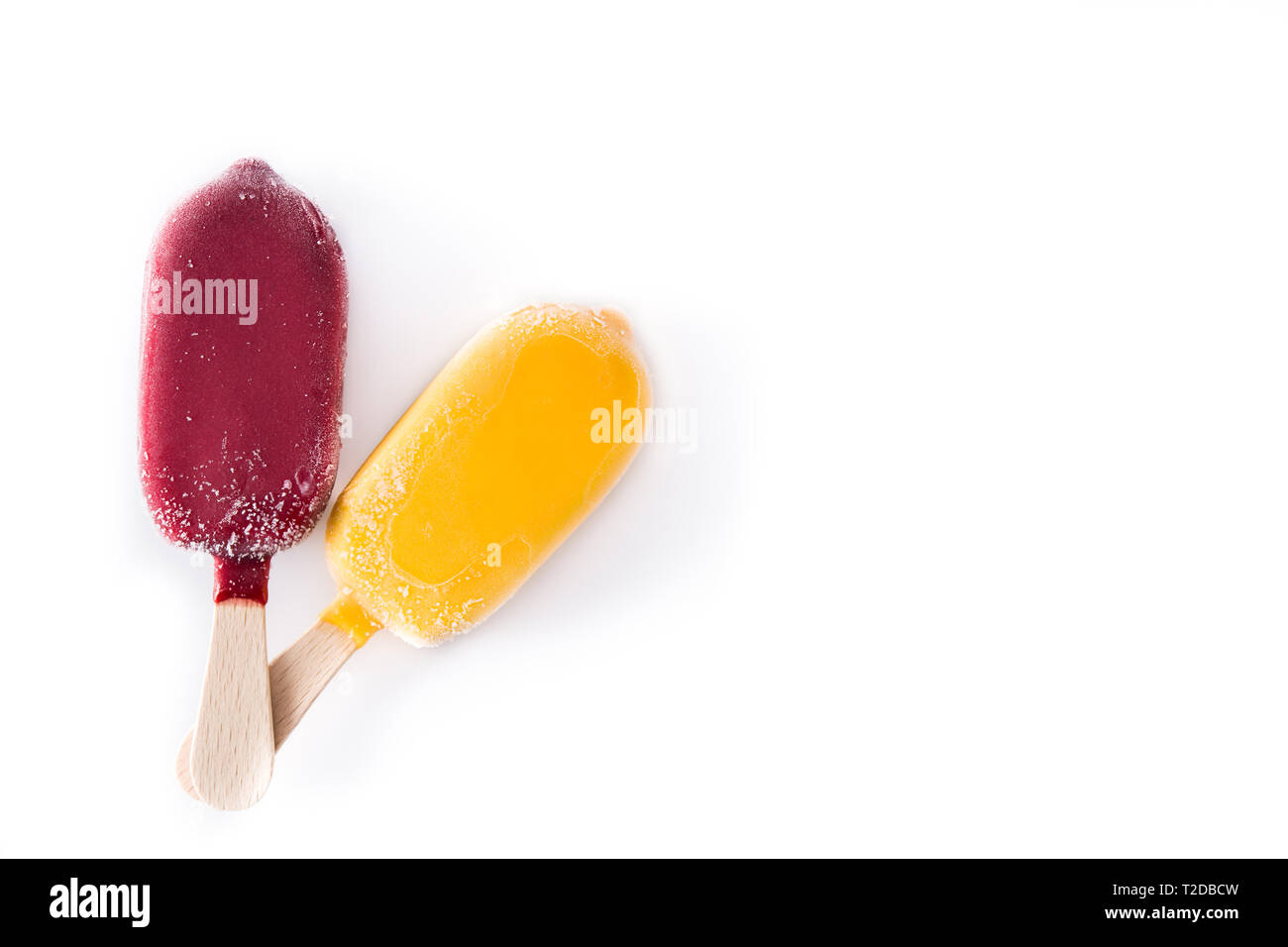 Yellow and red popsicles isolated on white background. Top view ...