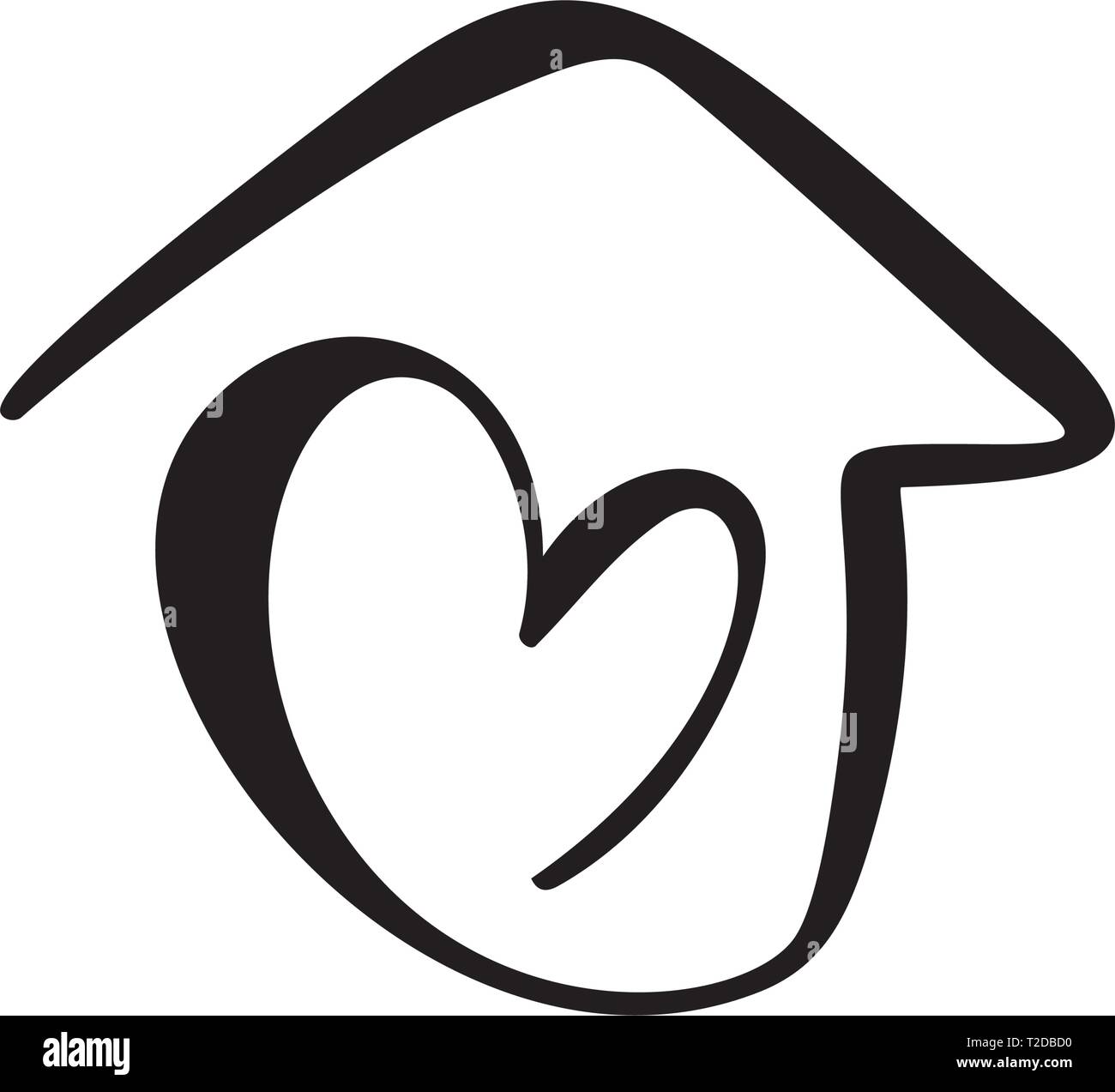 Simple Calligraphy House with heart. Real Vector Icon. Consept comfort ...