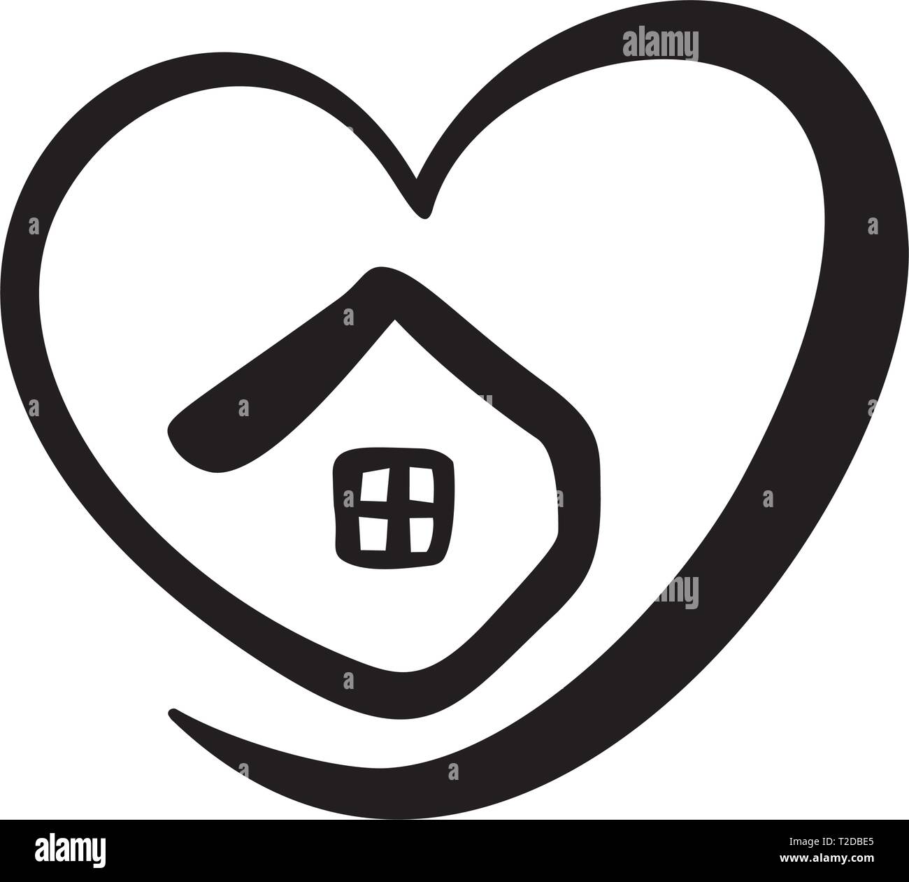 Simple Calligraphy House with heart. Real Vector Icon. Consept comfort ...