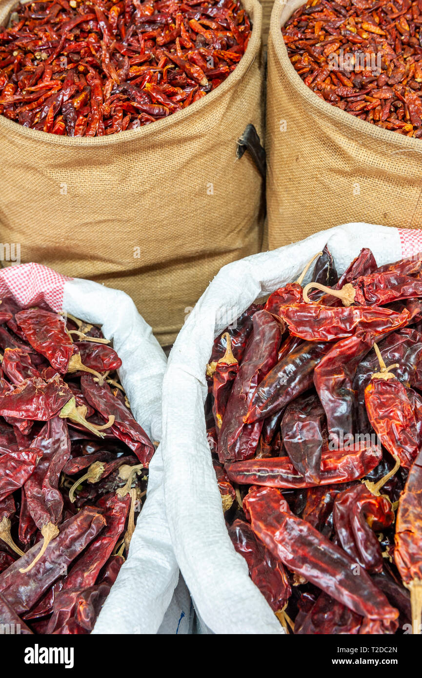Israel, Tel Aviv-Yafo - 29 March 2019: Chile peppers sold in shuk ...