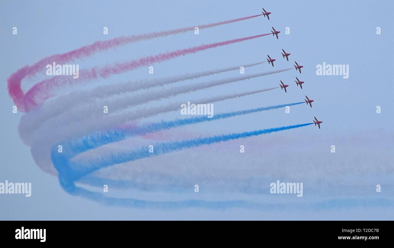 Red Arrows aerobatic display 170817 Stock Photo - Alamy