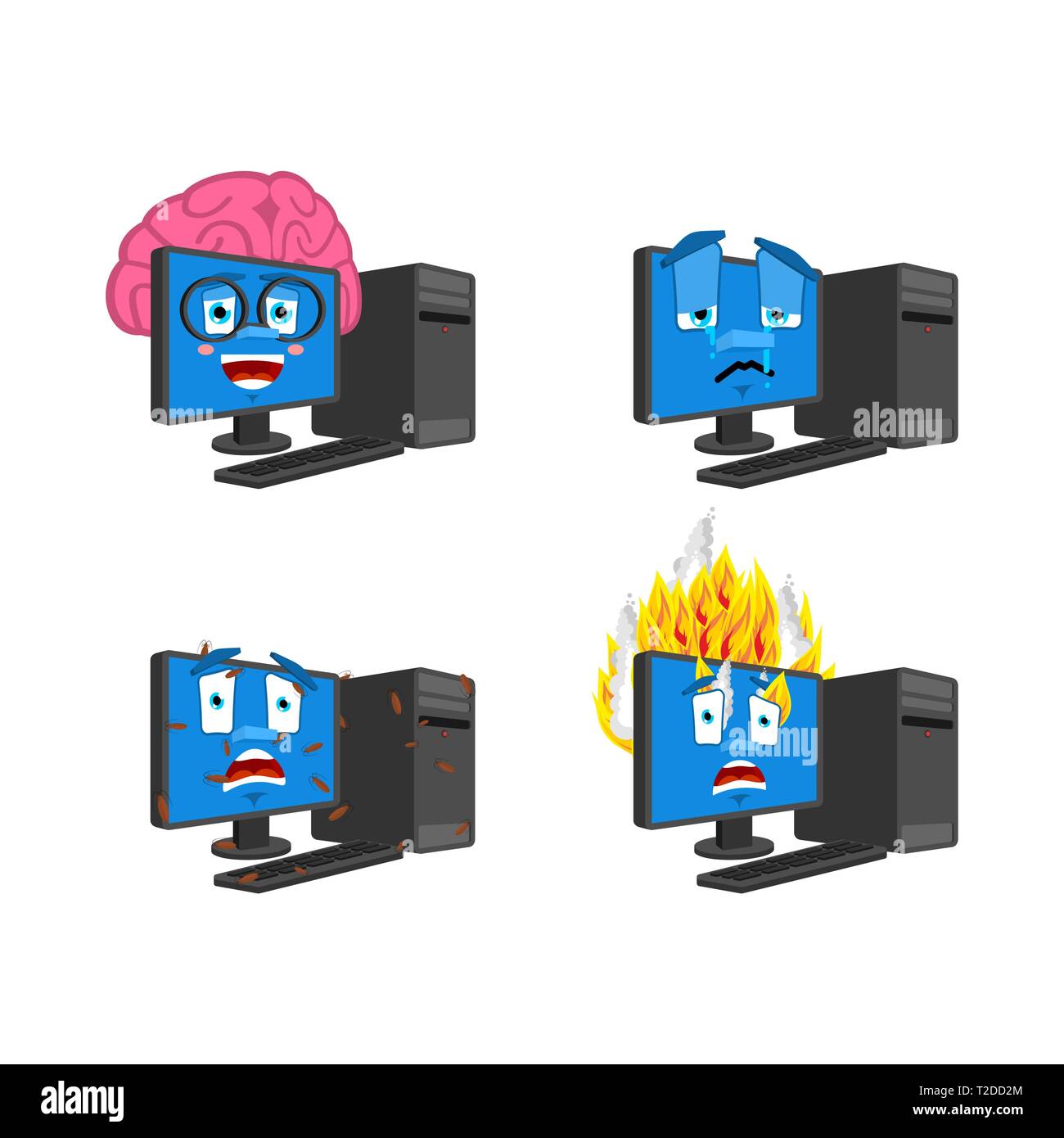 Computer emoji set. PC Smart and infected. Fire and crying. data ...