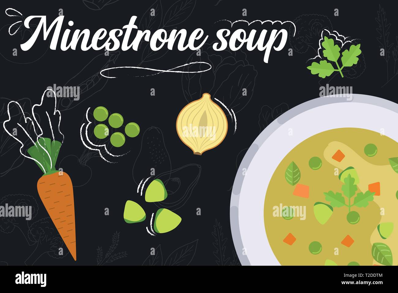 Minestrone soup recipe. Cooking soup with ingredients. Flat style ...