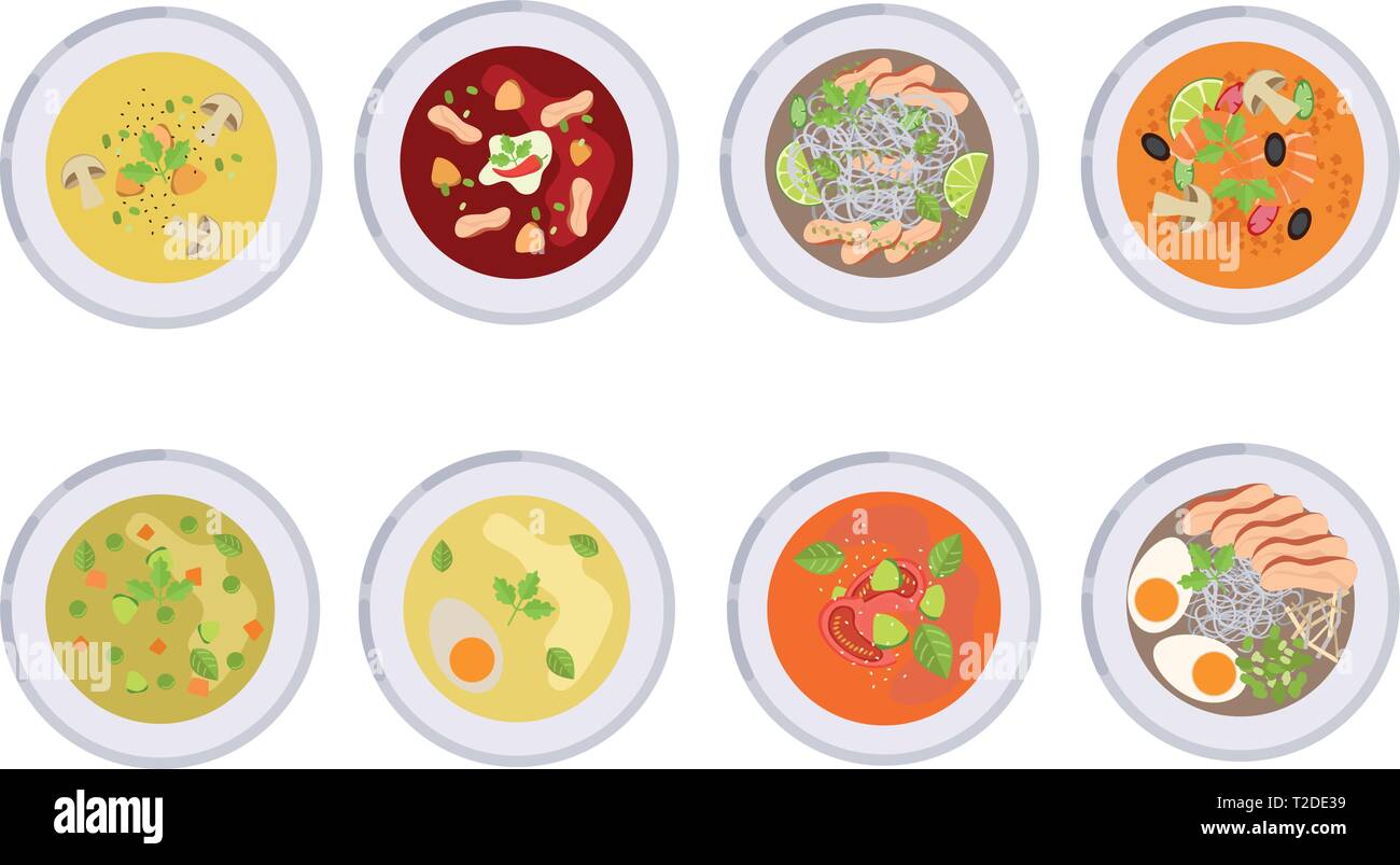 Big set of different soup food in flat style. Vector illustration Stock ...