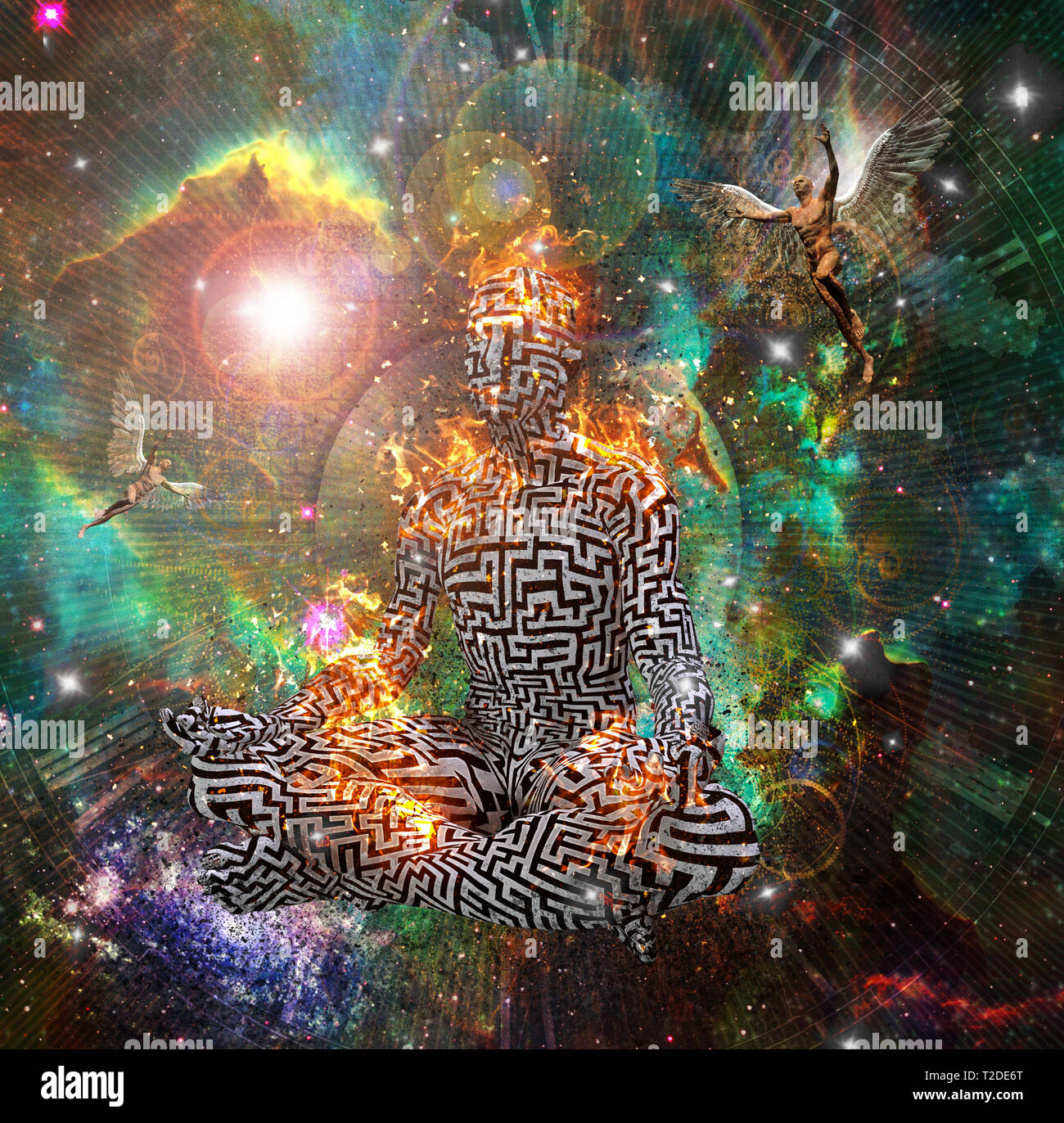 Surrealism. Figure of man with maze pattern in lotus pose in flames ...