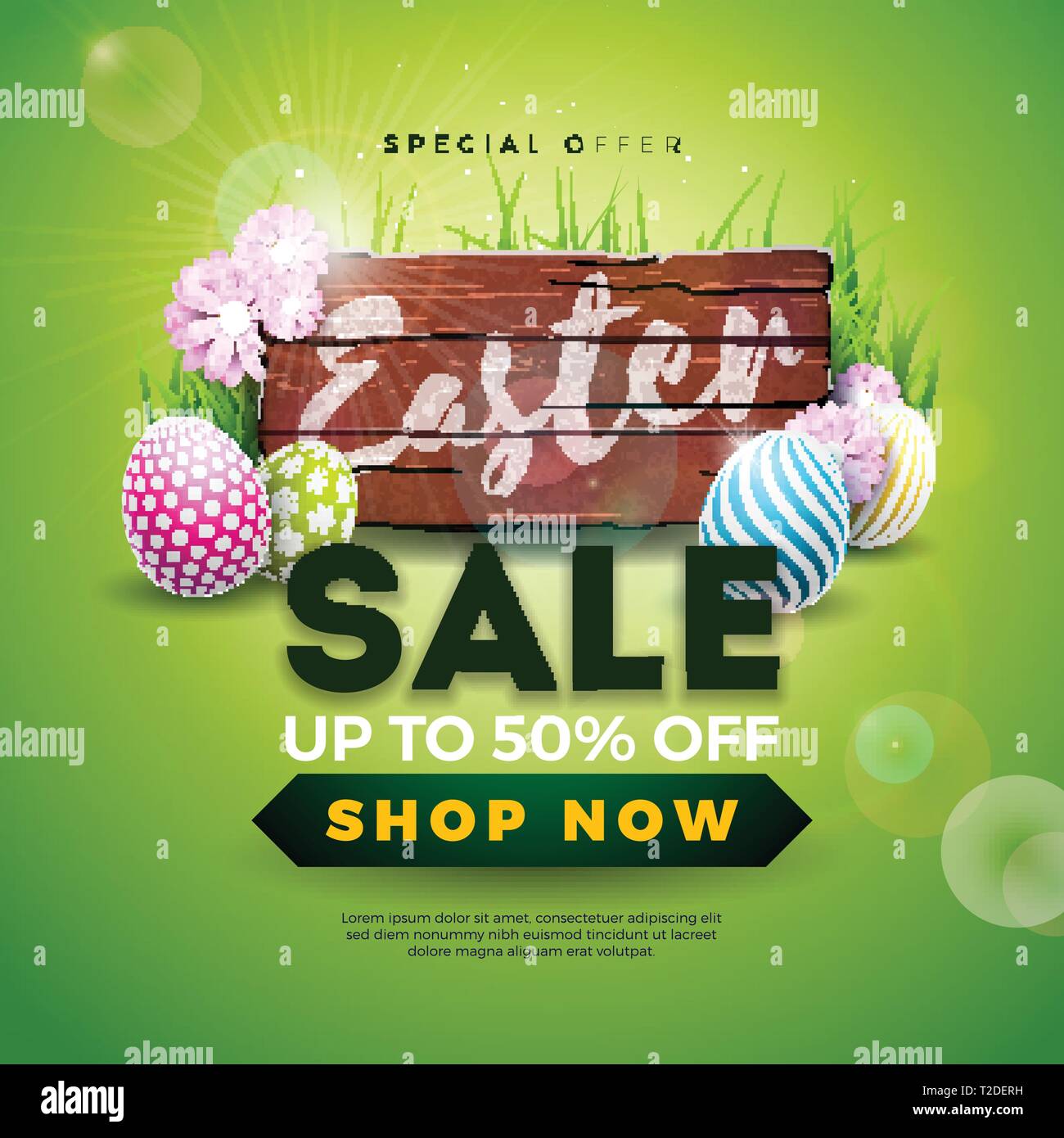 Easter Sale Illustration with Color Painted Egg and Spring Flower on ...