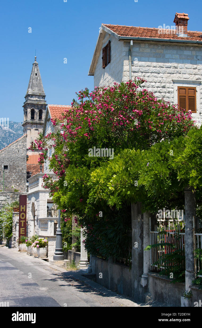 Promenade with old buildings and hotel, in Perast, Montenegro Stock ...