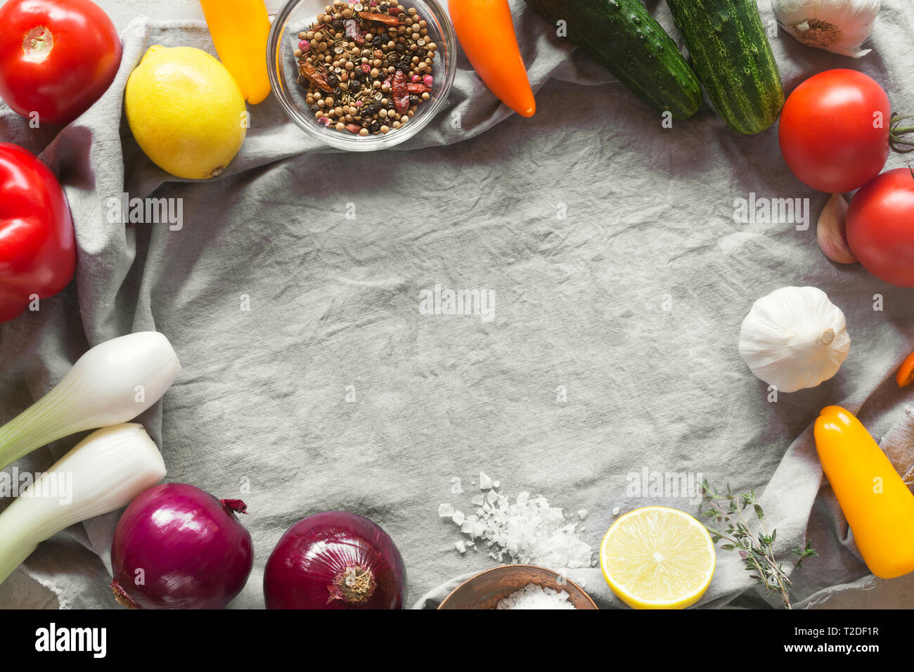 Organic food background. Vegetables on the table with copy space for ...