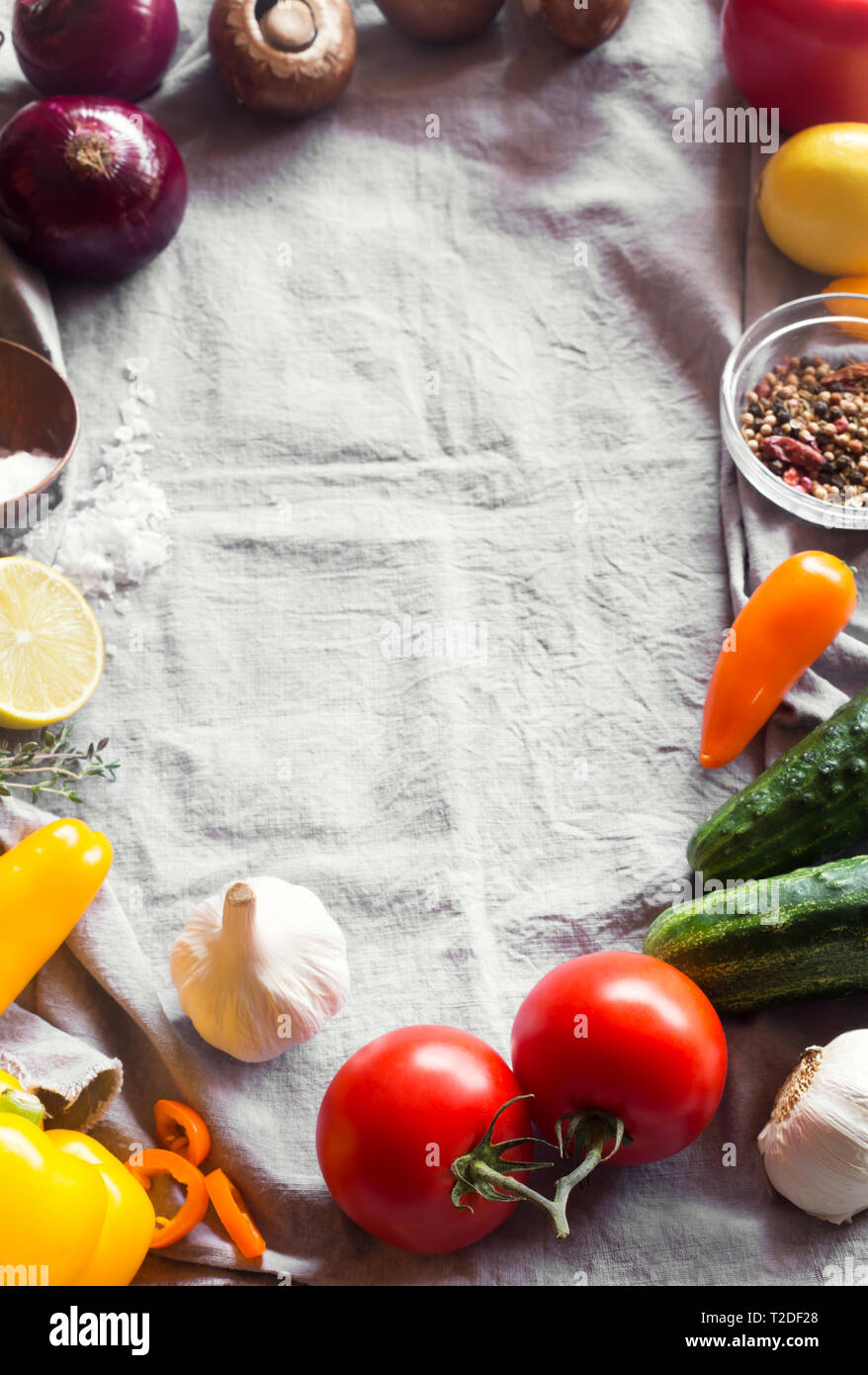 Organic food background. Vegetables on the table with copy space for ...