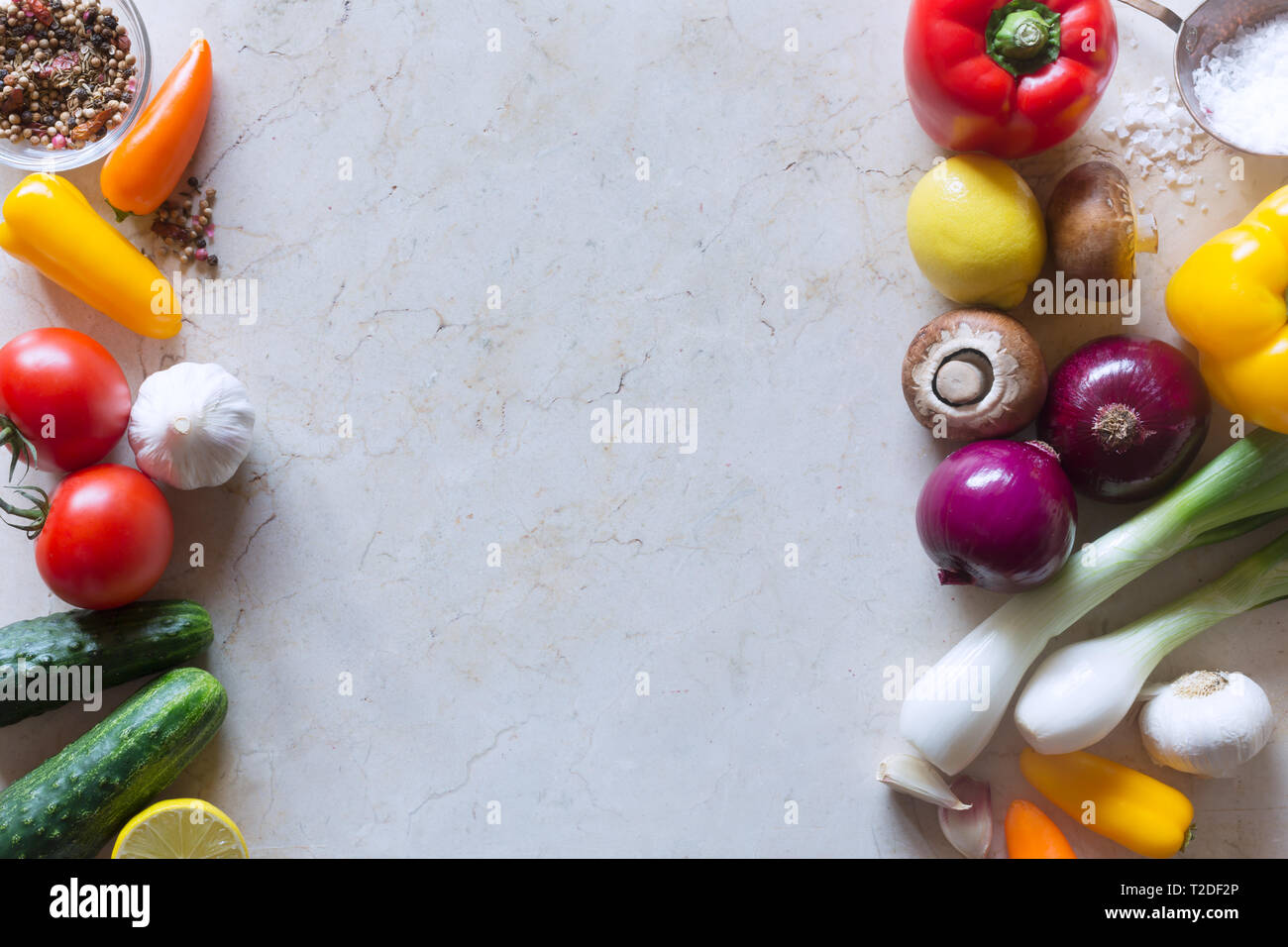 Organic food background. Vegetables on the table with copy space for ...