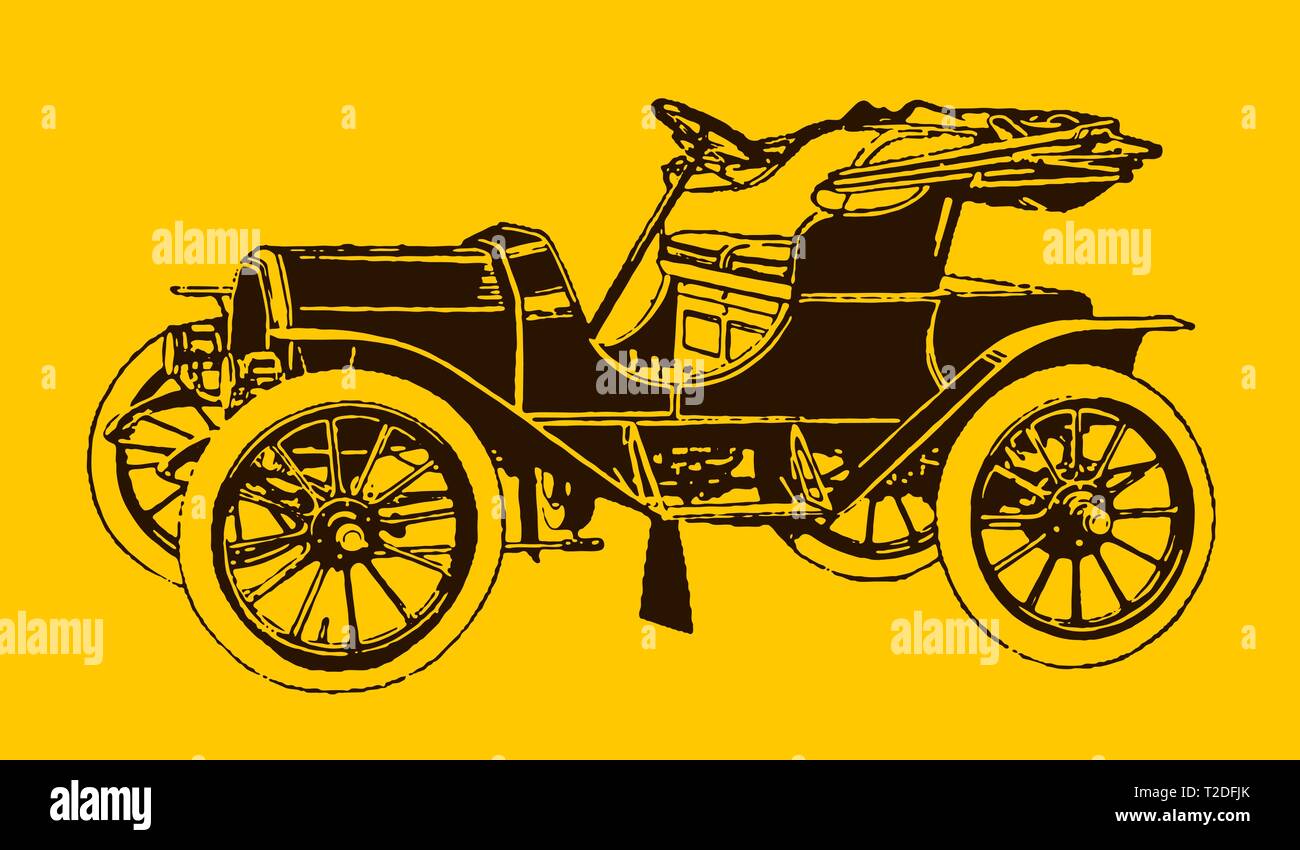 Historic electric motor car in quarter front view. Illustration after a ...