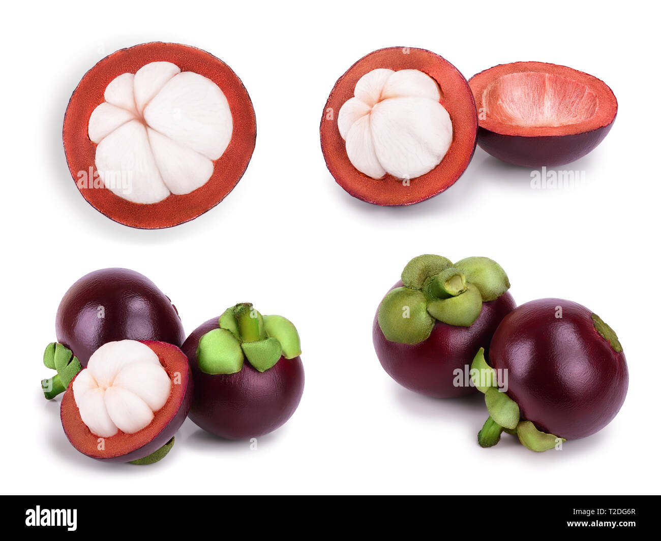ripe mangosteen with leaves isolated on white background closeup. Set ...