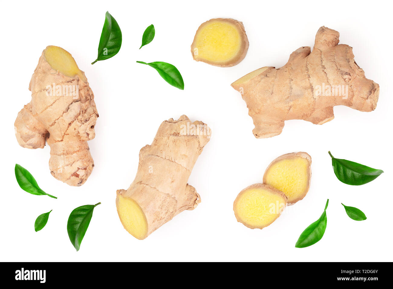 fresh Ginger root and slice isolated on white background. Top view ...
