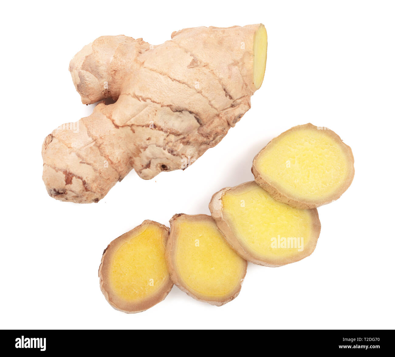 fresh Ginger root and slice isolated on white background. Top view ...