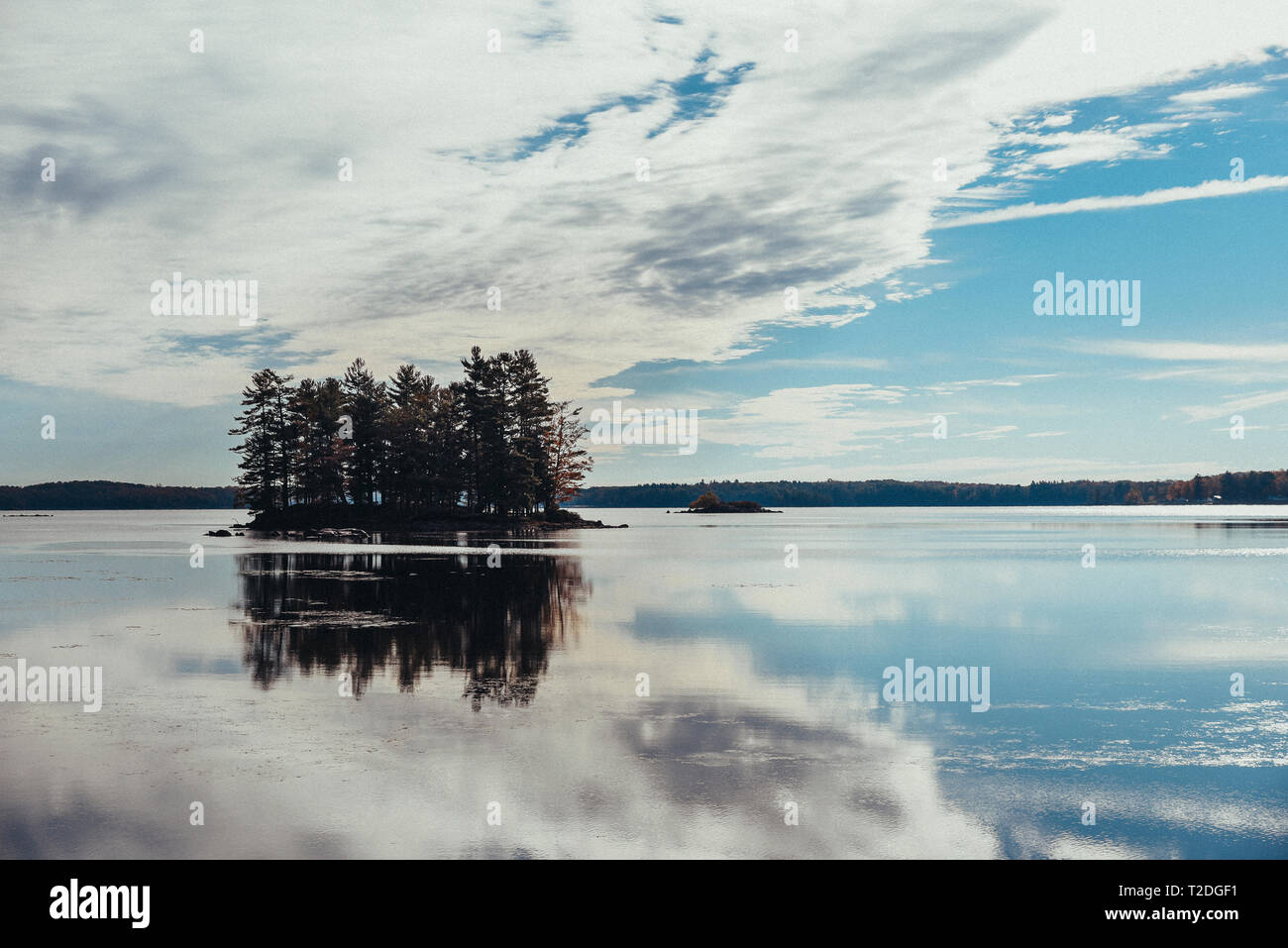 Small wooded island in the middle of a calm lake Stock Photo - Alamy