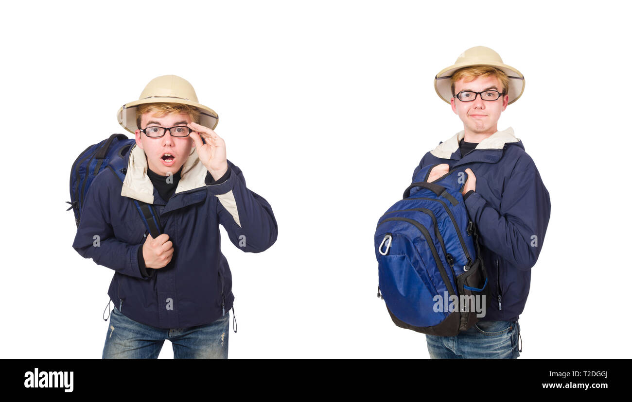 Funny student wearing safari hat Stock Photo - Alamy