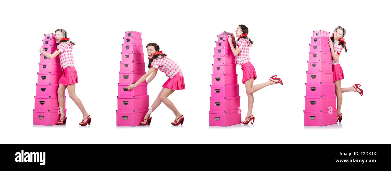 Young woman with storage boxes on white Stock Photo - Alamy