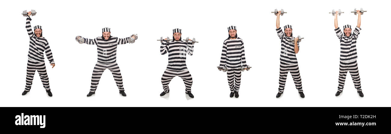 Prison inmate with dumbbells isolated on white Stock Photo - Alamy