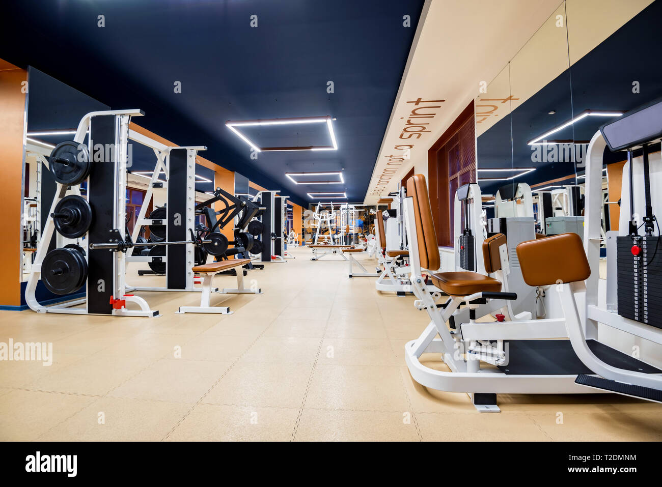 Interior with several modern fitness machines in gym Stock Photo - Alamy