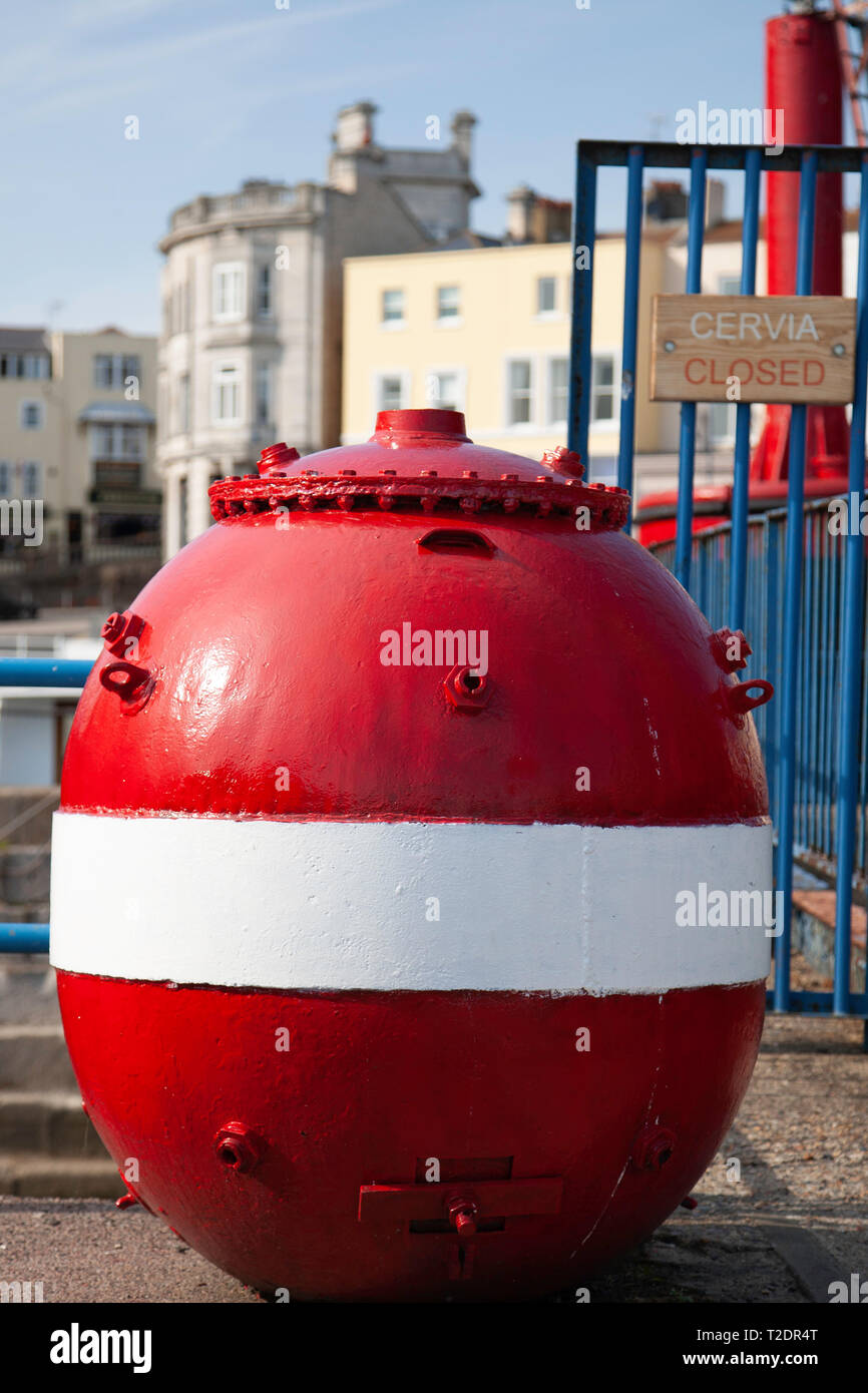 Red and white steel buoy on harbour at Ramsgate, Kent, England Stock ...