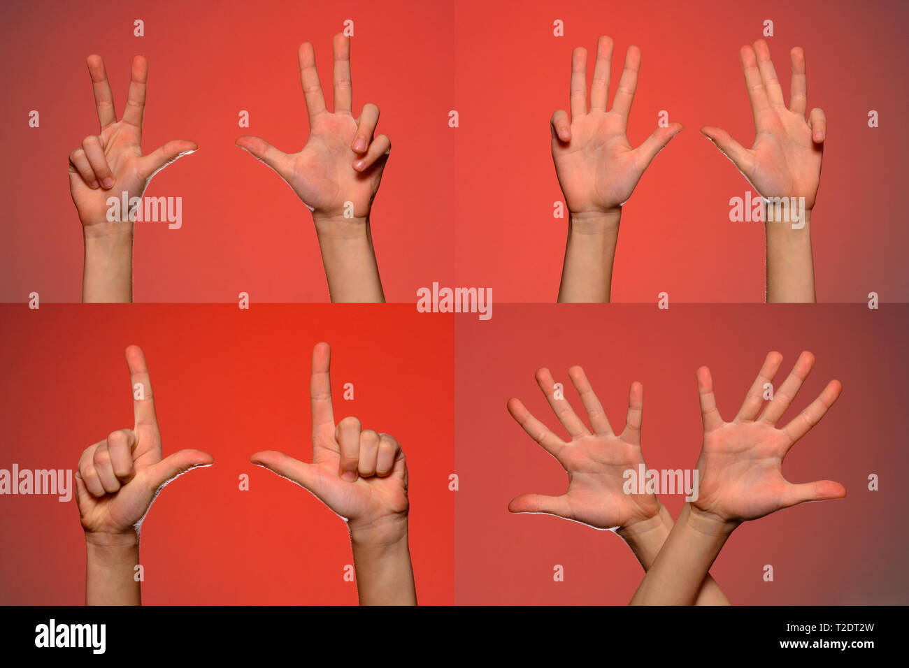 Male hand gestures and signs collection isolated over red background ...