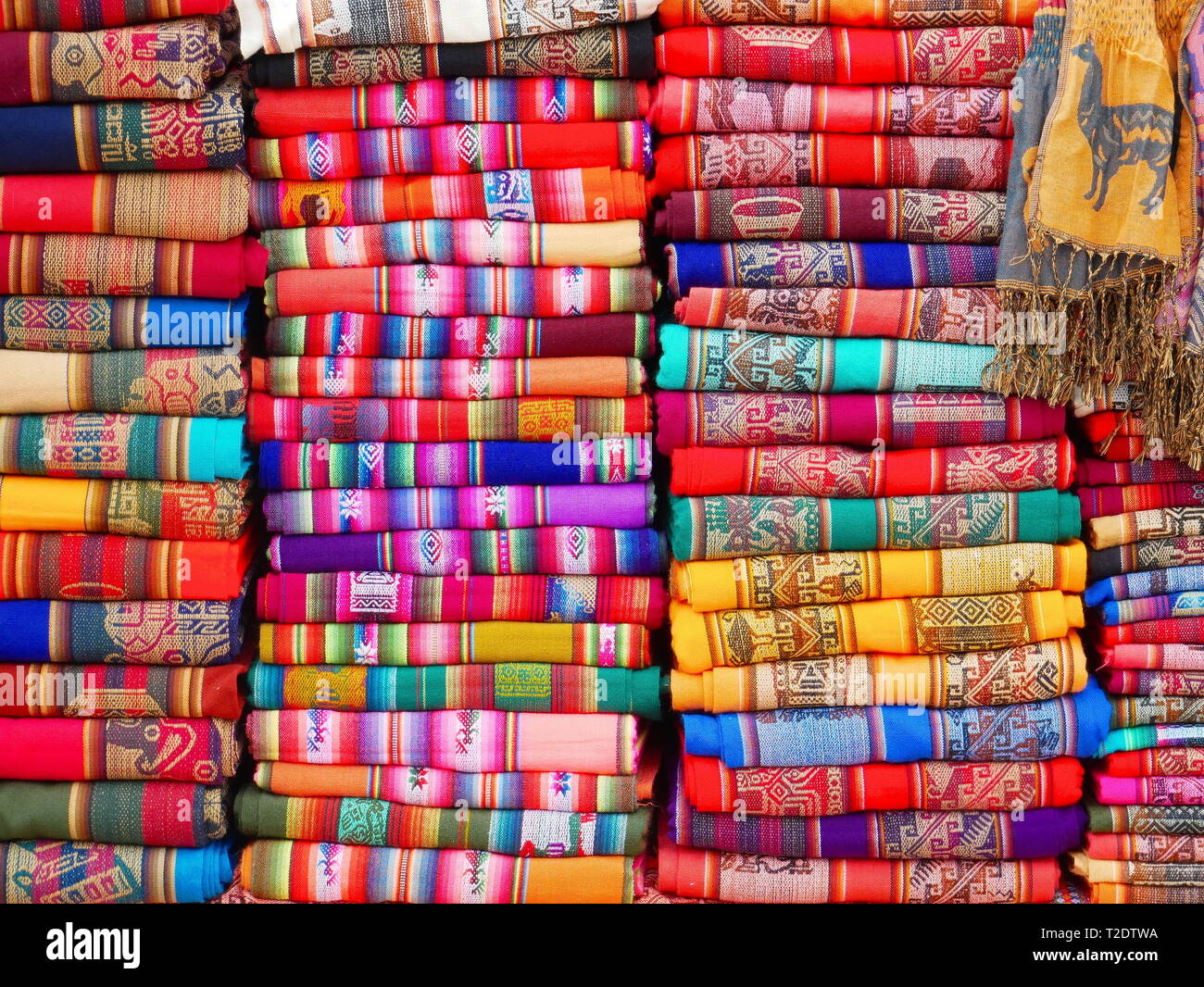 Colorful textiles in the market of Purmamarca, Argentina. Alpaca wool ...