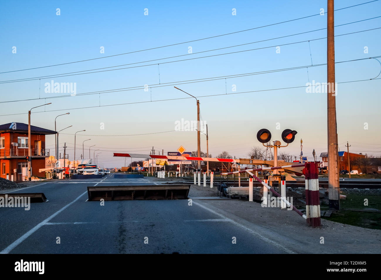Krasnodar, Russia - March 31, 2018: Railroad crossing with a barrier ...