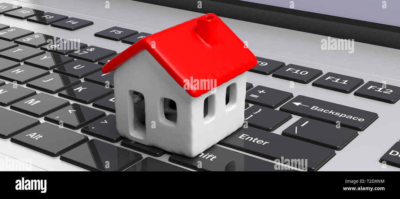 Technology and home concept. House model with red color roof on ...