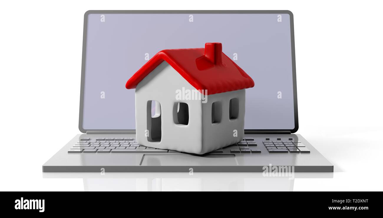 Technology and home concept. House model with red color roof on ...