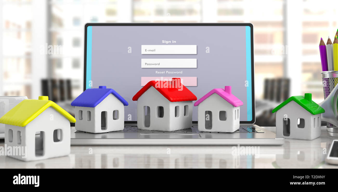 Real estate, housing project concept. House models on computer laptop ...