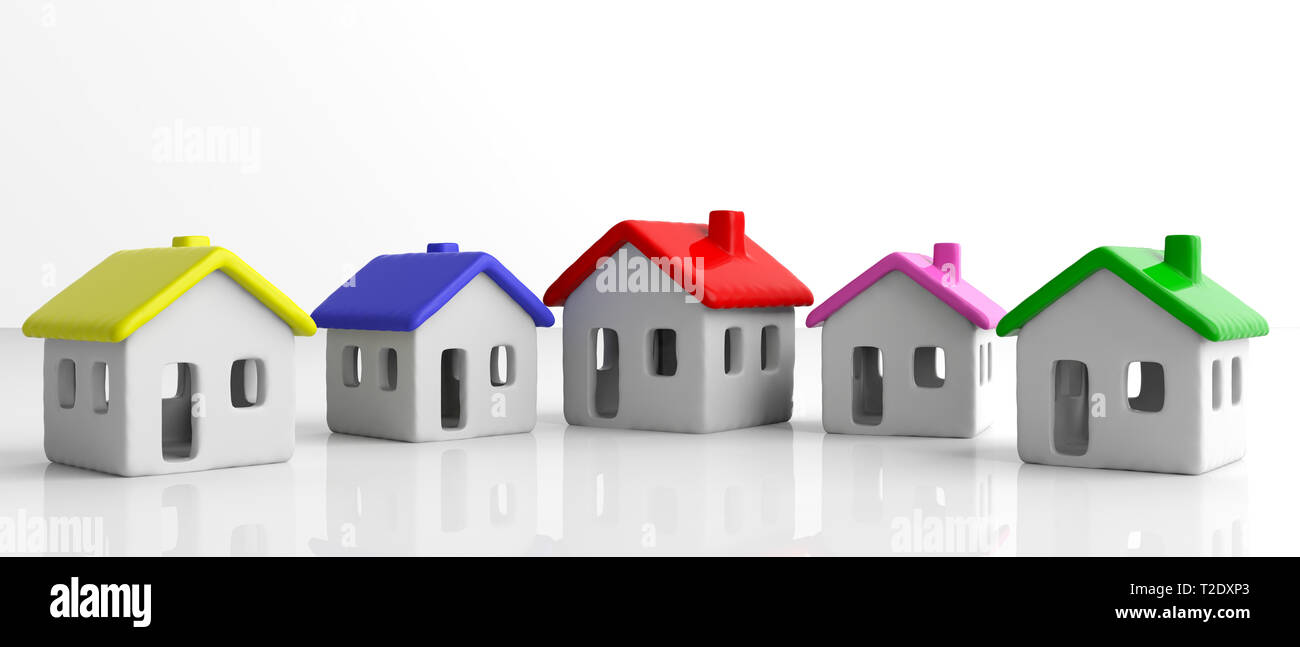 Real estate, neighborhood concept. House models isolated against white ...