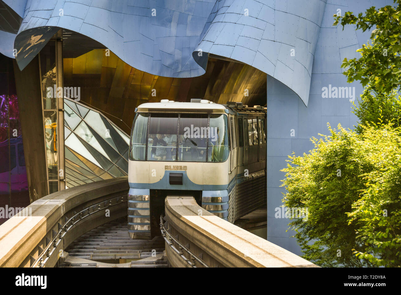 SEATTLE, WASHINGTON STATE, USA - JUNE 2018: Monorail train arriving at ...