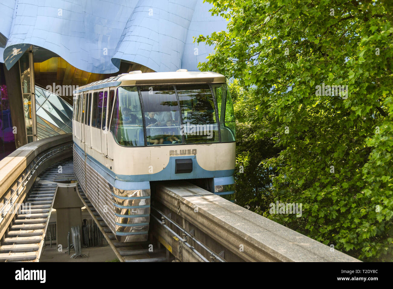 SEATTLE, WASHINGTON STATE, USA - JUNE 2018: Monorail train arriving at ...